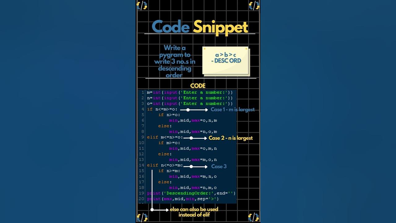 Code Snippet 5 : Descending Order | Computer Science | CBSE | Class 11 12 | if elif else | - YouTube
