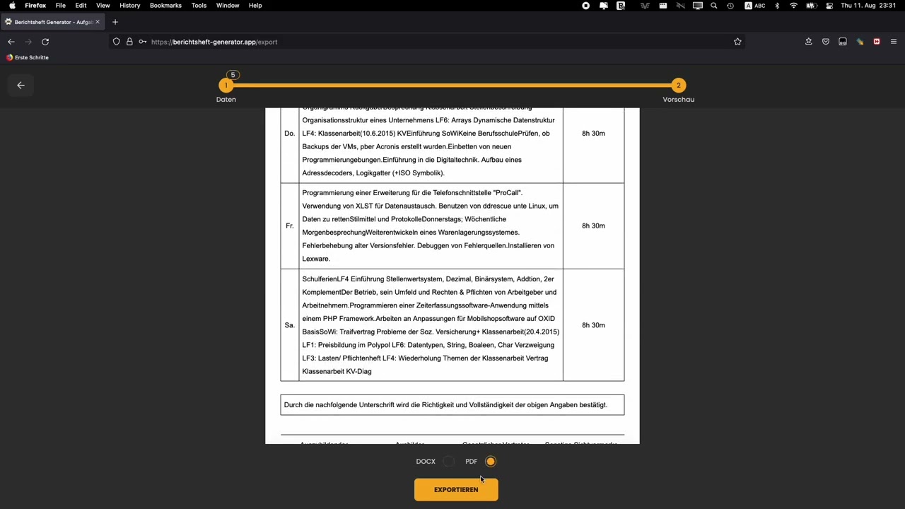 Berichtsheft Generator - Berichte exportieren - YouTube