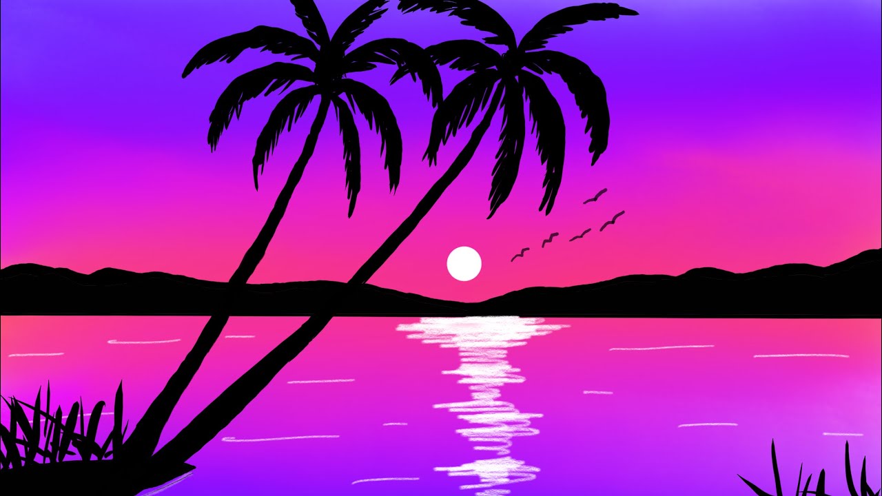 How to draw beautiful sunset scenery with coconut tree. Easy drawing ...