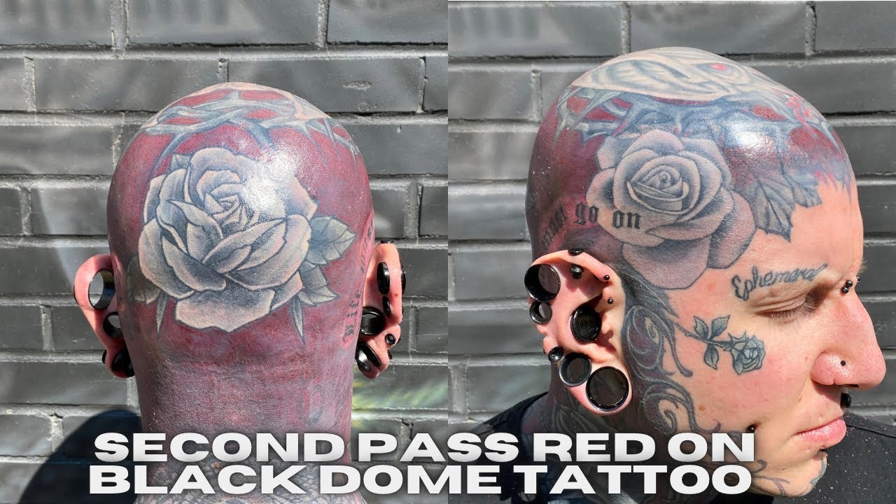 Second pass red on black dome tattoo, and tattoo color theory - YouTube