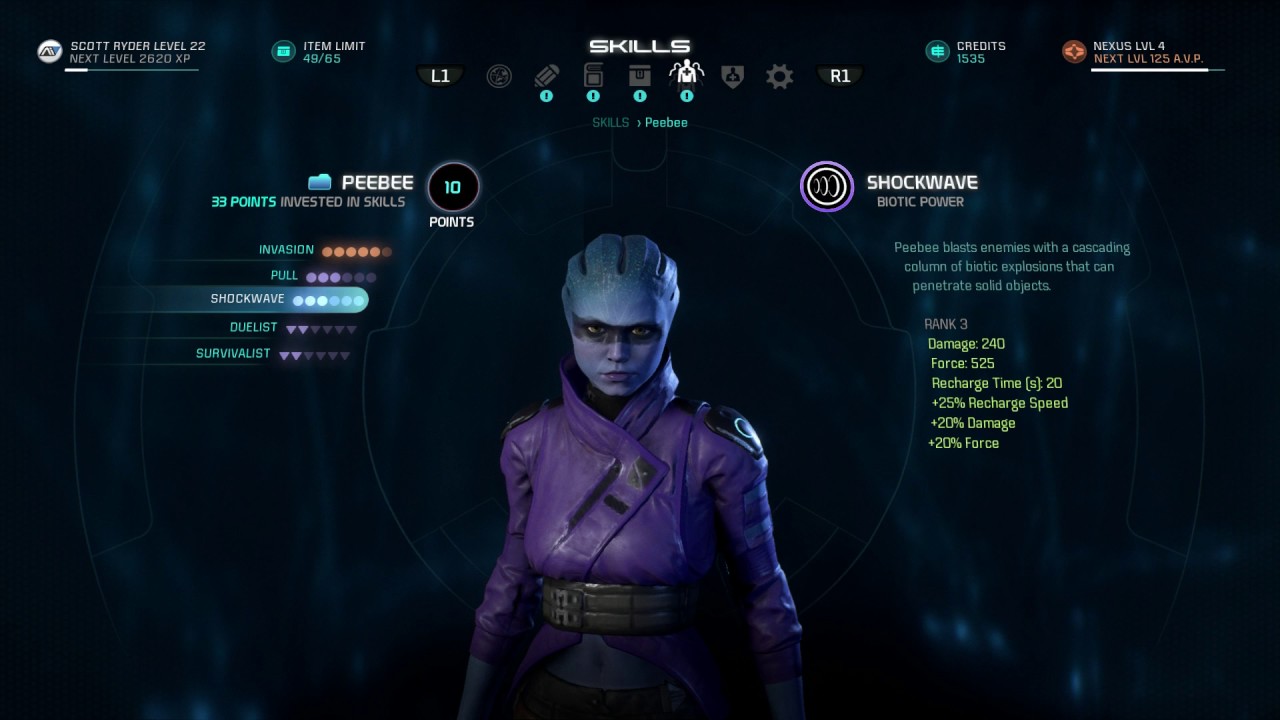 Mass Effect: Andromeda - Peebee level Up Invasion & Shockwave Rank 5 ...
