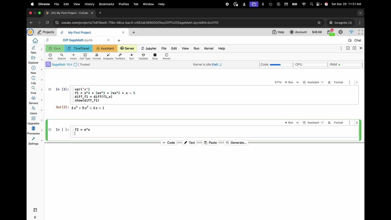 How to Differentiate a Function in Jupyter using SageMath in CoCalc - YouTube