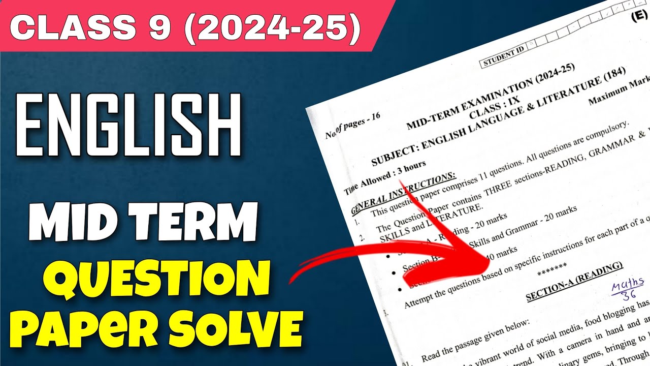 Class 9 English Question Paper Solved 2024-25 Mid Term Exam Evening ...