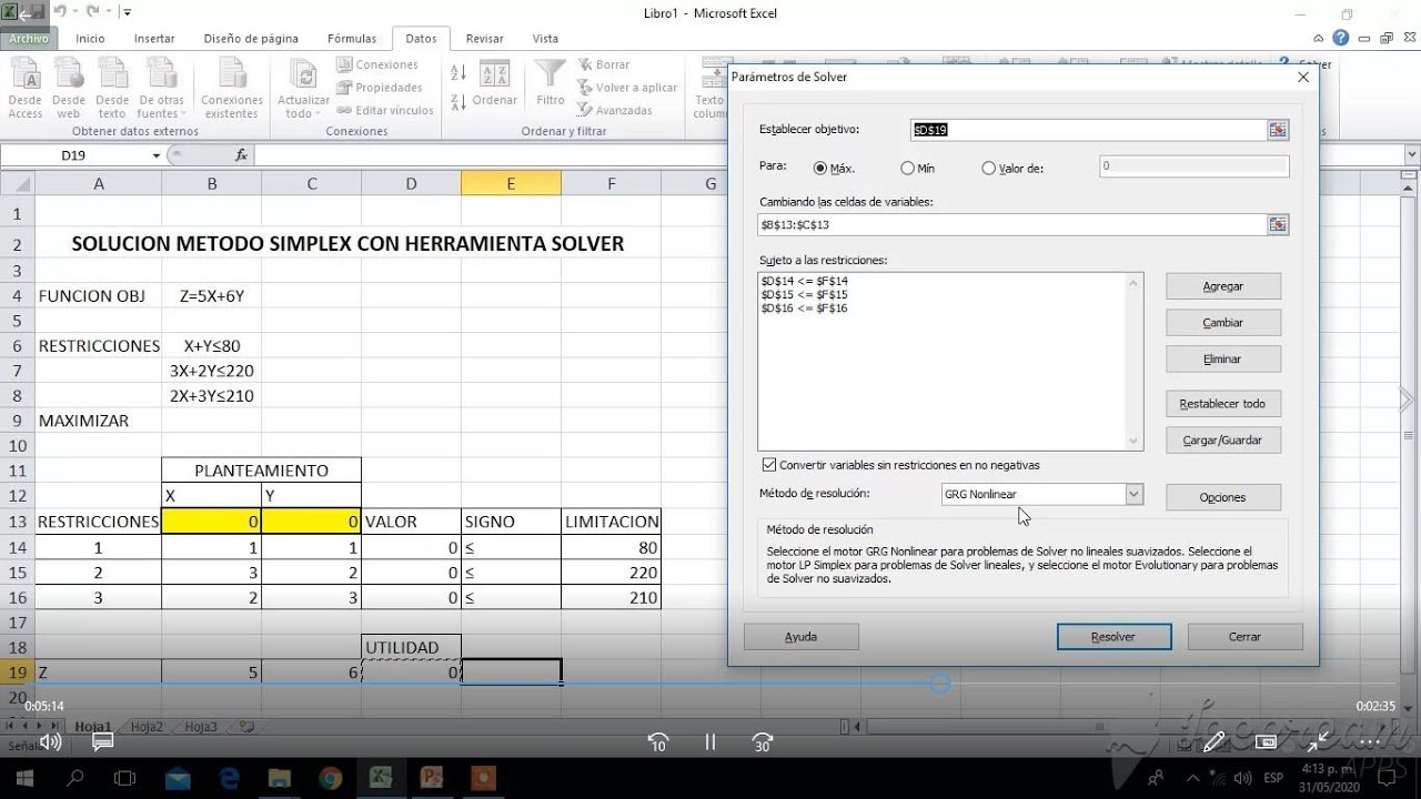SOLUCI N EJERCICIOS POR M TODO SIMPLEX CON LA HERRAMIENTA DE SOLVER SOLUCI N EJERCICIOS POR M TODO SIMPLEX CON LA HERRAMIENTA DE SOLVER