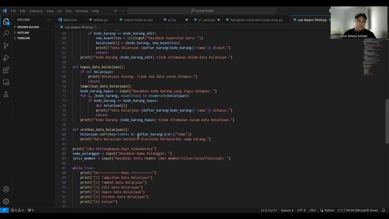 UAS DASAR PEMROGRAMAN (program kasir sederhana) GERAR ZEFANYA SURBAKTI - YouTube