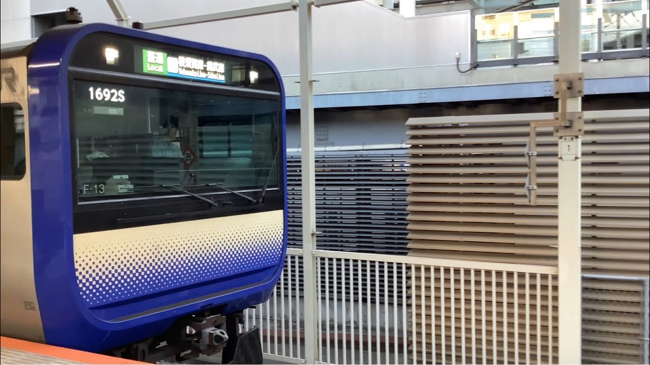 上野東京ライン普通沼津行きE233系1891EE-08+普通平塚行きE233系E-63と横須賀線普通千葉行きE235系1692SF-13+E235系J-04(遅延)がJR横浜駅を走行 ...