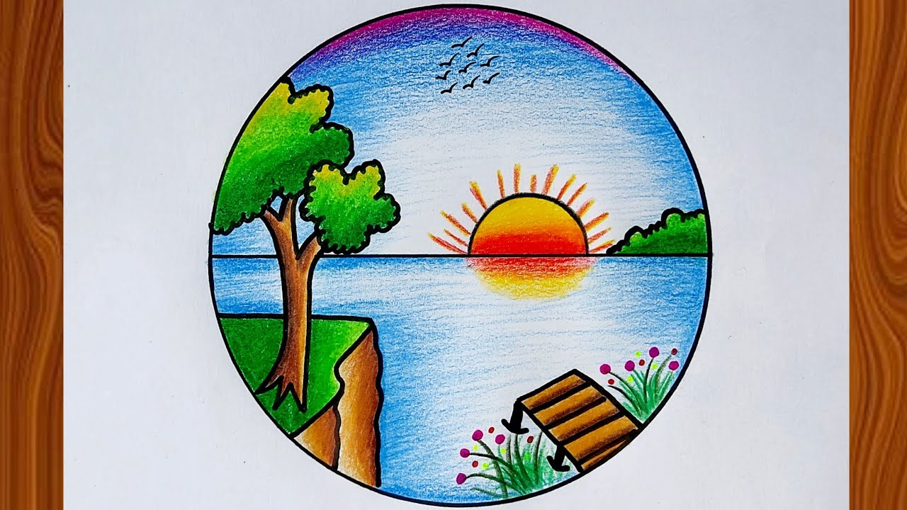 How to draw beautiful sunrise scenery with colour pencil / scenery ...