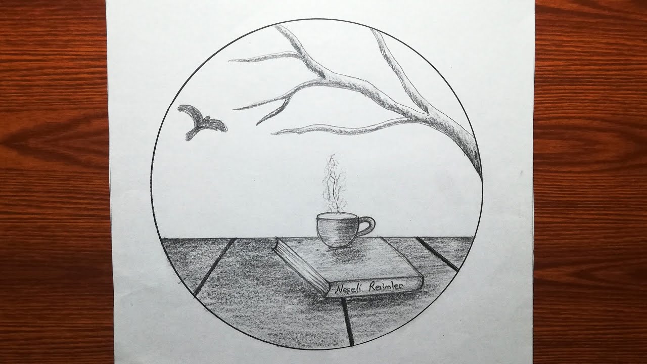Karakalem kolay manzara çizimi. Manzaraya karşı kitap kahve çizimi ...