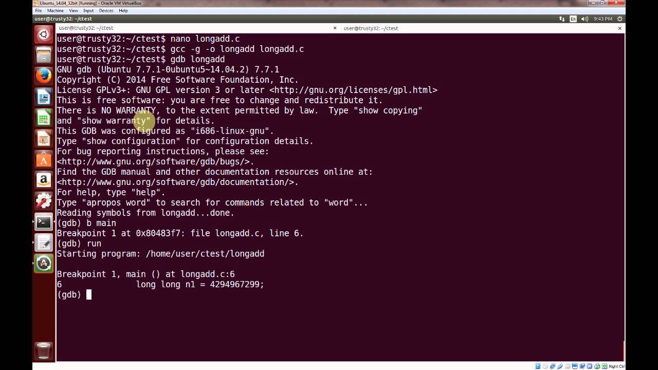 Gdb Debugging Adding 64 Bit Numbers On X86 32 Bit System Using C Youtube