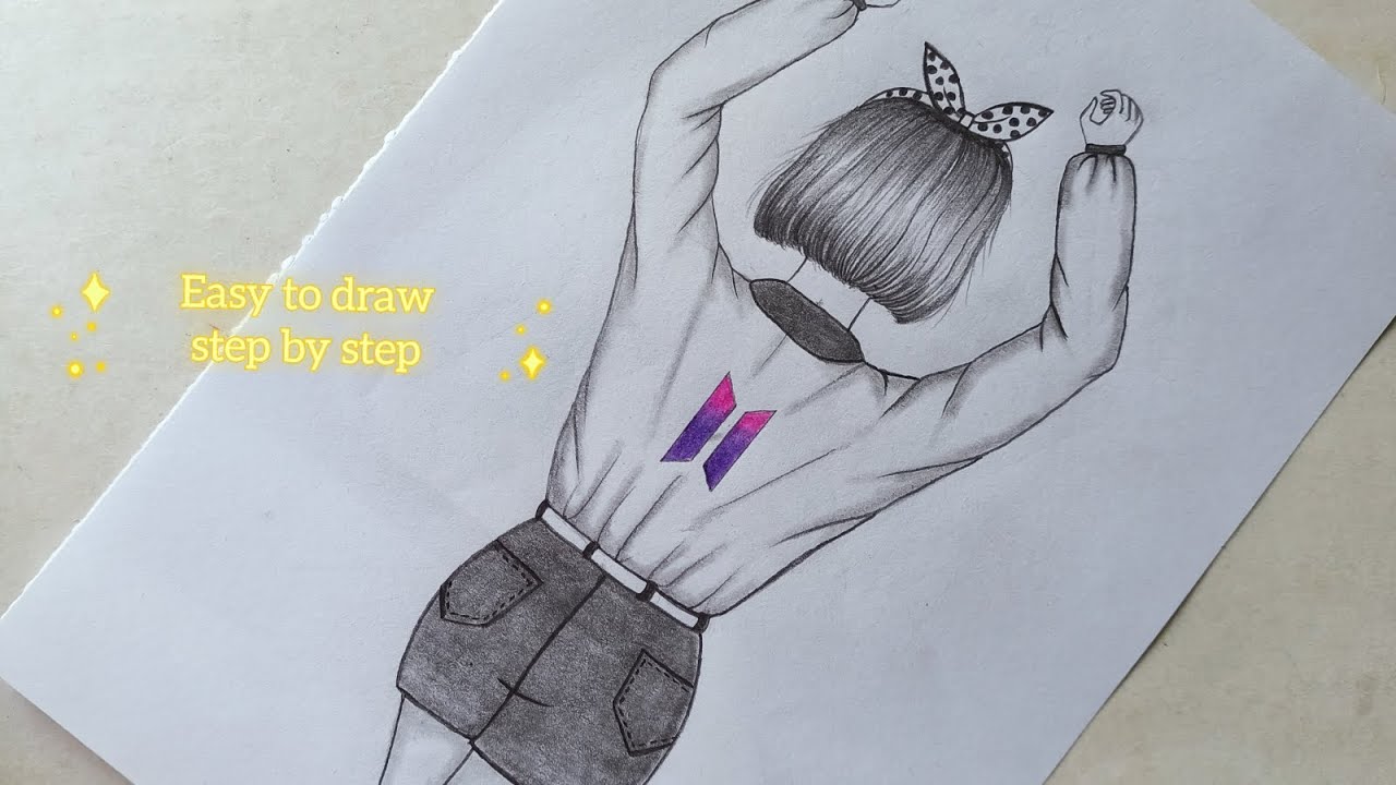 "Army"🎵 fan Girl drawing (Back Side) with dancing🎵🎵 mood || Pencil ...