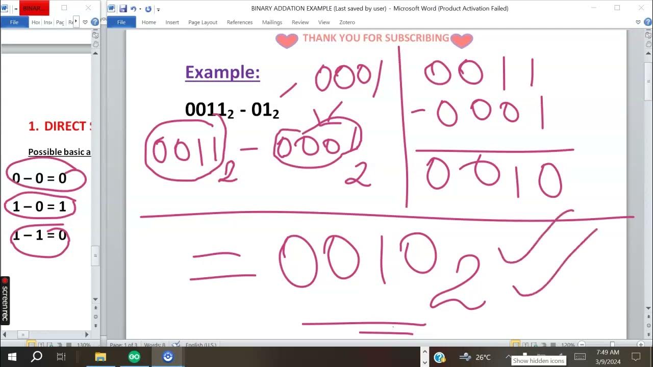 Binary subtraction using direct method - YouTube