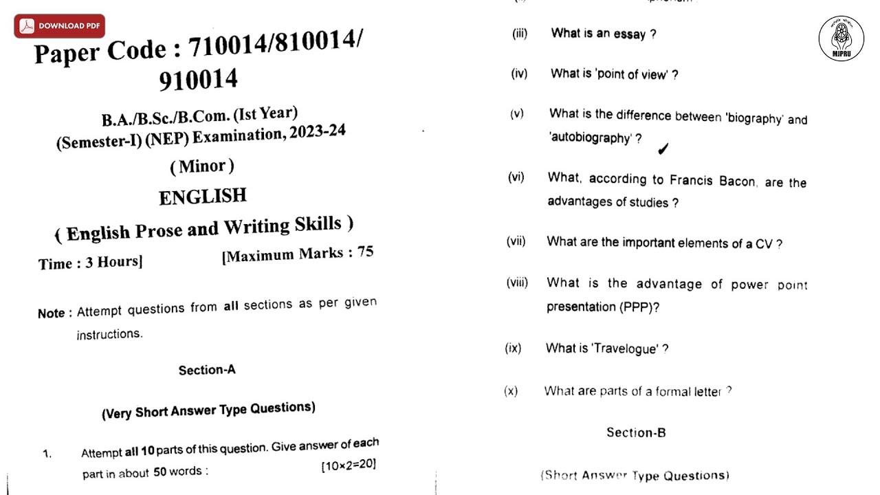 BA BSC BCOM 1ST SEM ENGLISH ENGLISH PROSE AND WRITING SKILLS 2024 ...