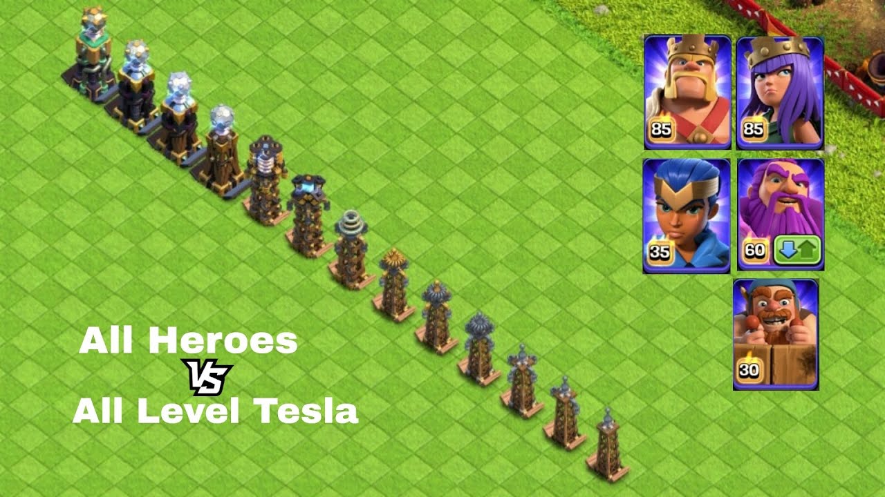 All Heroes Vs All Level Hidden Tesla Clash Of Clans - YouTube