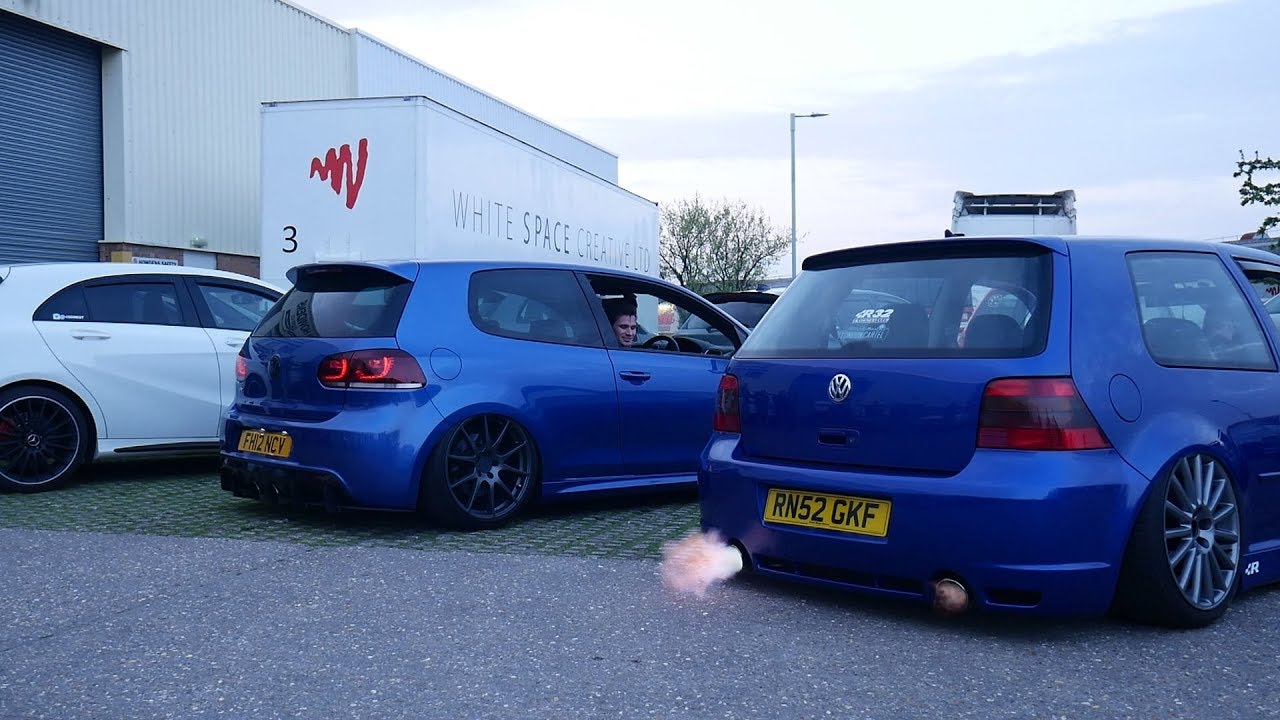 Golf R vs Golf R32 Pops & Bangs!! (Car Meet Vlog) - YouTube