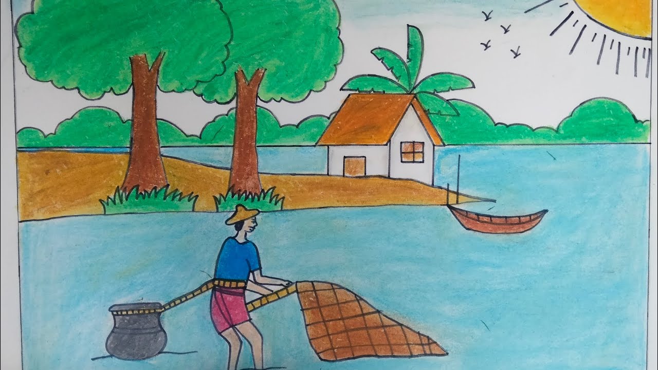 How to draw a scenery of Fishing || Fishing scenery drawing || Oil ...