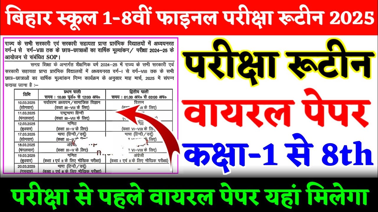 Bihar Board Class 1 to 8th final exam Routine 2025 | Class 1 to 8th ...