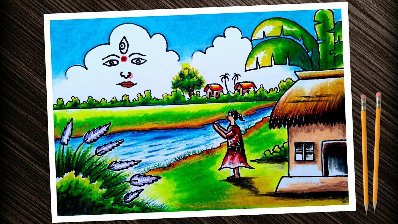 how to draw Durga Puja scenery. maa Durga drawing very easy. Durga Puja ...