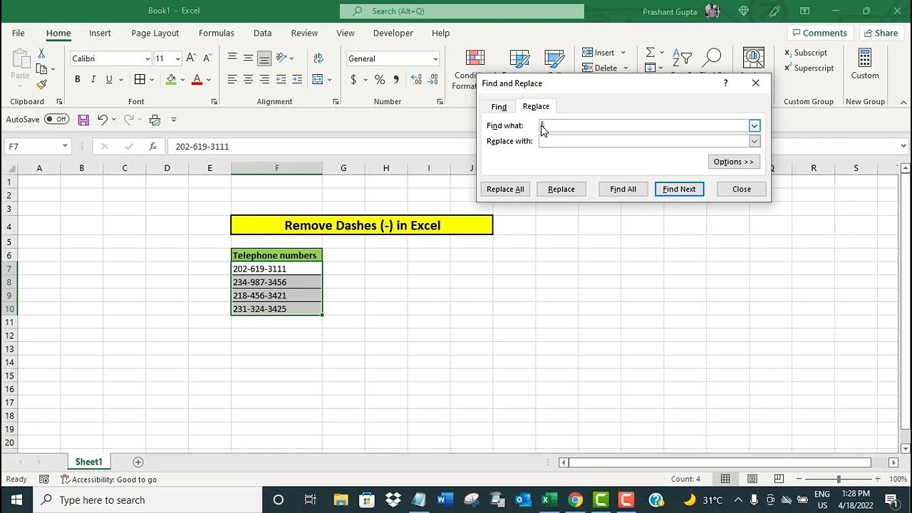 Remove Dashes (-) in Excel - YouTube