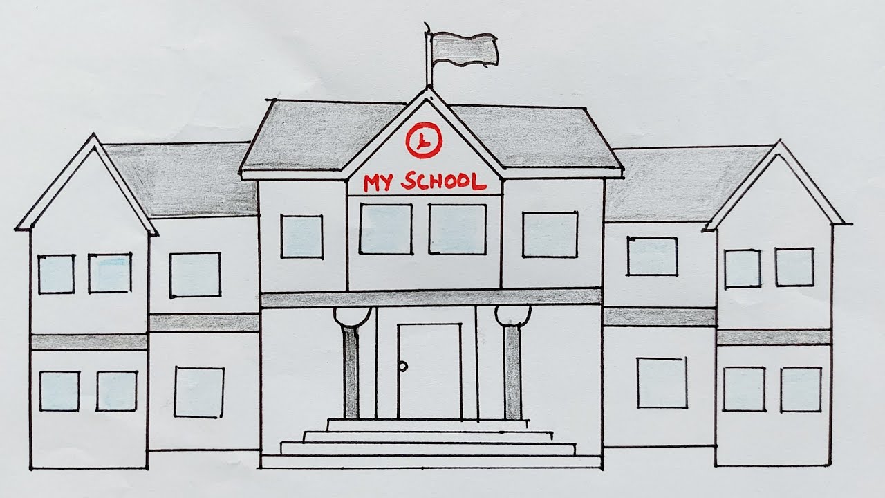 How to draw my school | school scenery drawing | My School Drawing with ...