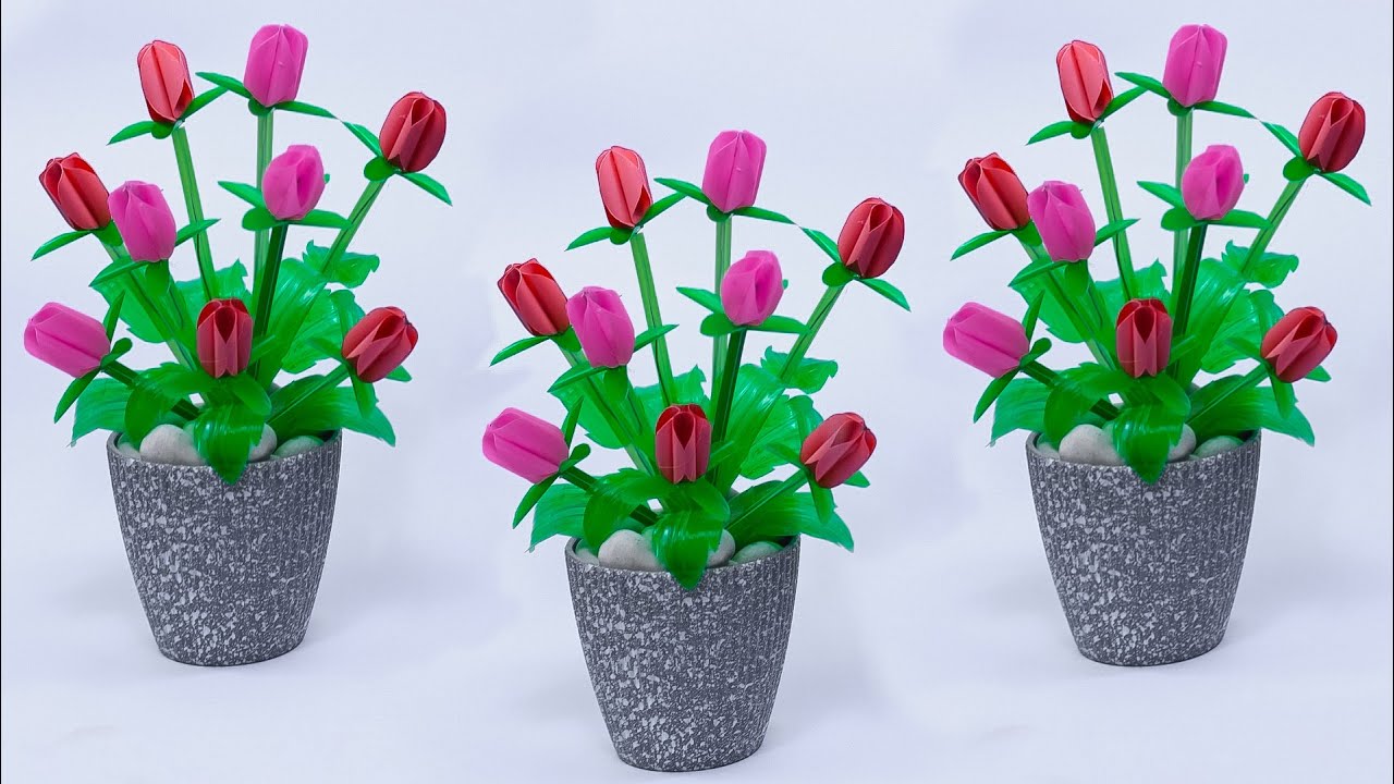 Cara membuat bunga hias sederhana dari sedotan kreatif | straw flower ...