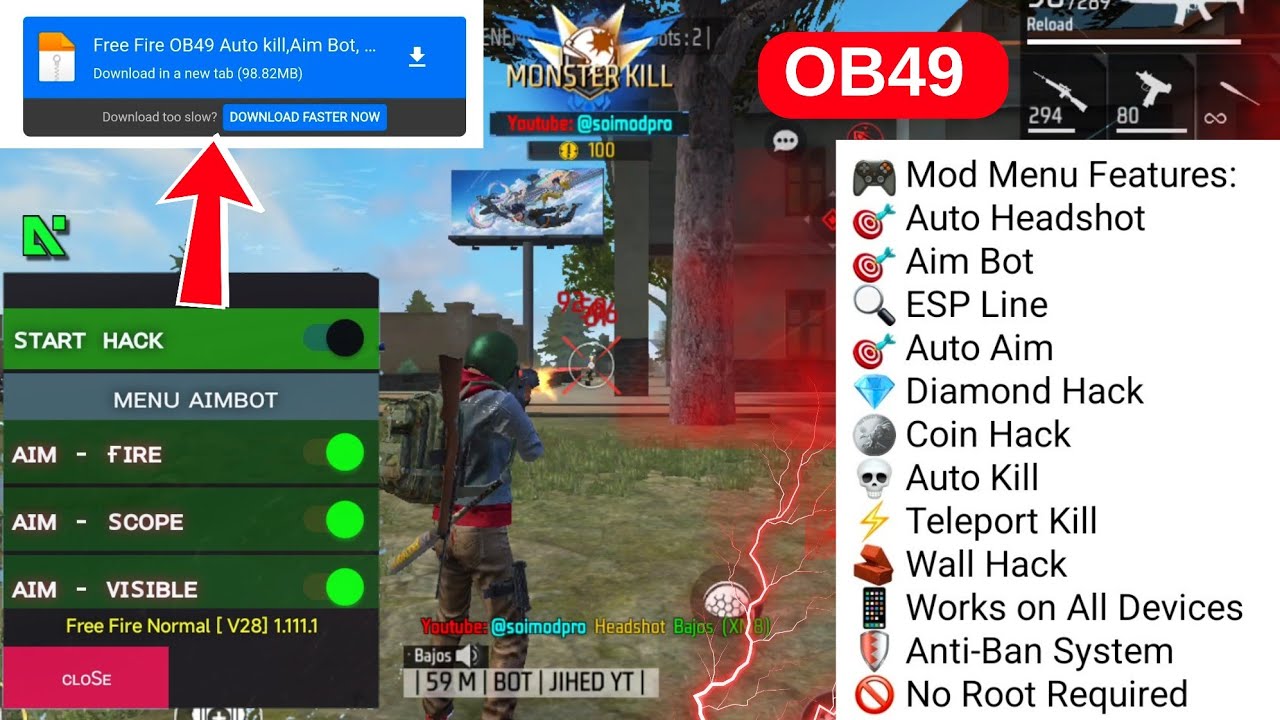 Free Fire OB49 MOD APK Download | 100% Auto Headshot | Anti Ban | Fly ...