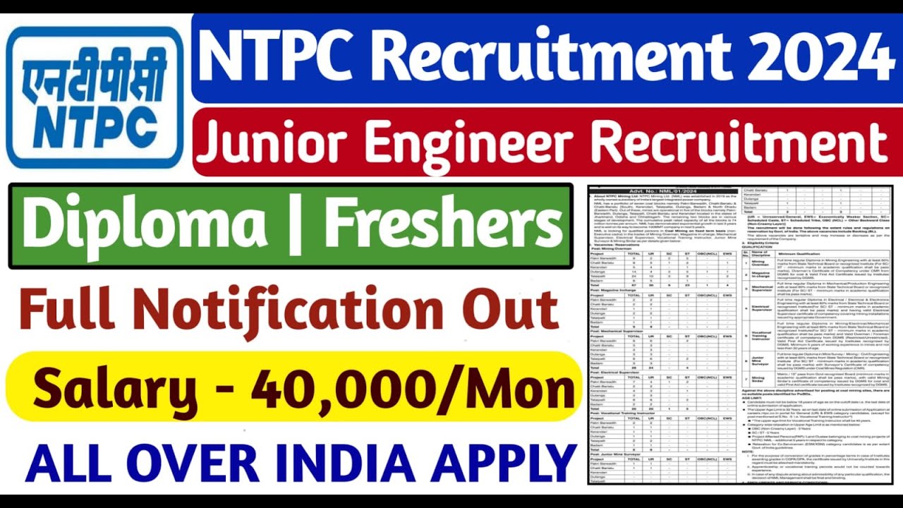 NTPC Junior Engineer Recruitment 2024 | Freshers | NTPC JE Vacancy 2024 ...
