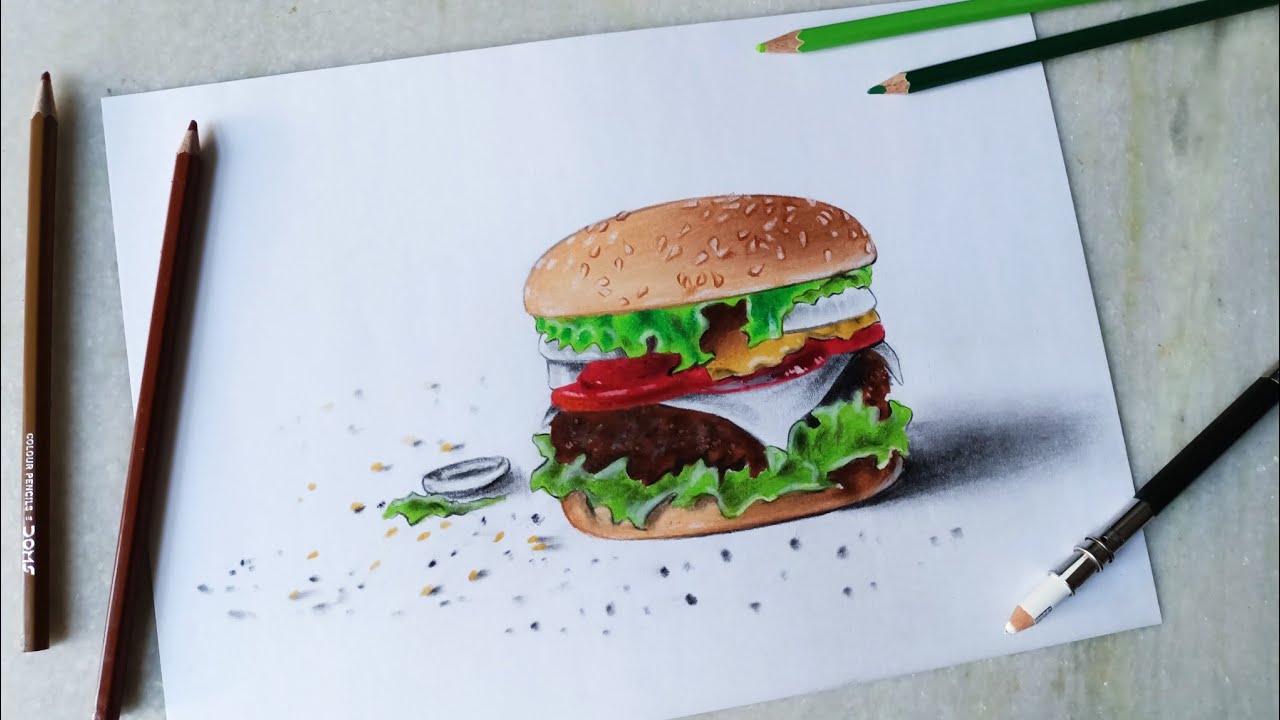 Burger drawing with Doms coloured pencils | drawing and arts uday - YouTube