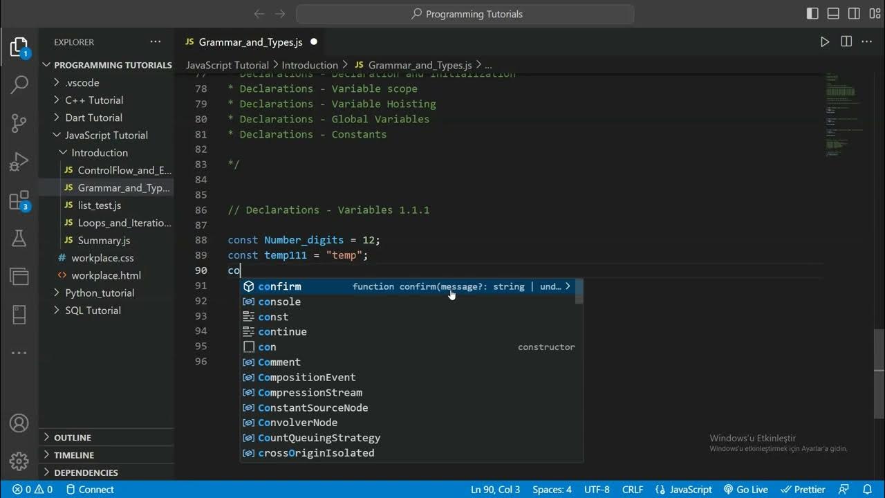 Javascript tutorial 1.1.1 - Grammar and Types - Declarations - Variables - YouTube