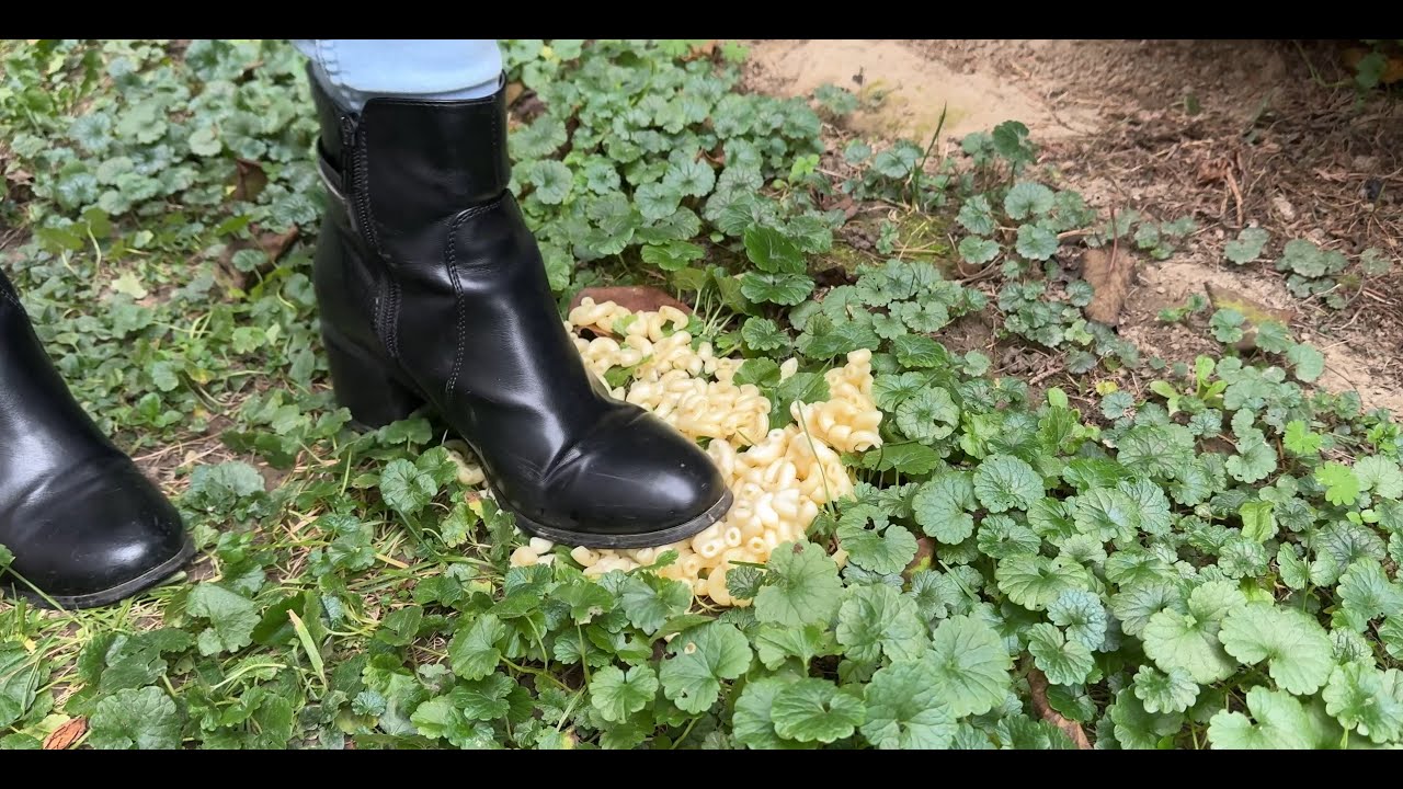 Boots crush food - ASMR crushing and trampling cooked pasta in black ...
