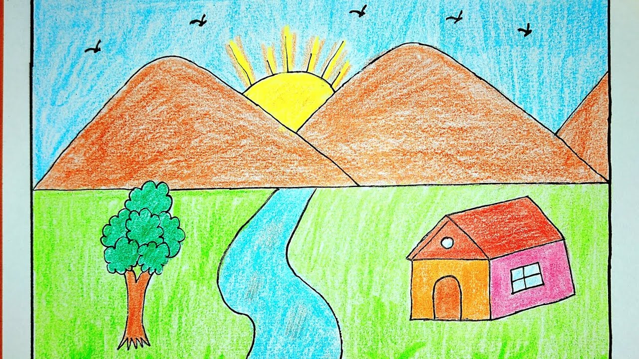 How to draw a beautiful landscape easy step by step | प्राकृतिक दृश्य ...