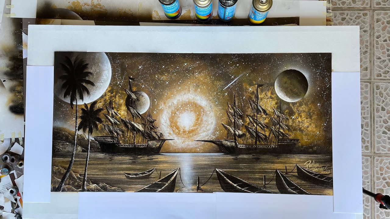 Two Pirate ships spray paint art - YouTube