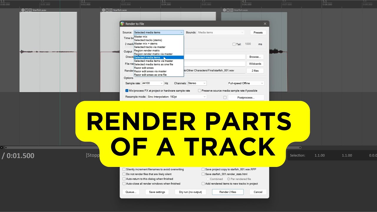 Render parts of a track in REAPER - YouTube
