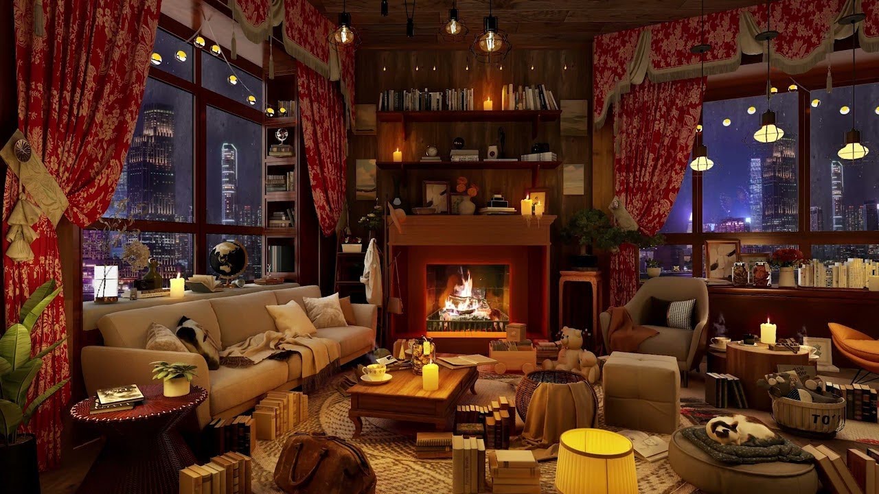Cozy winter atmosphere in living room - Fireworks and Cheerful ...