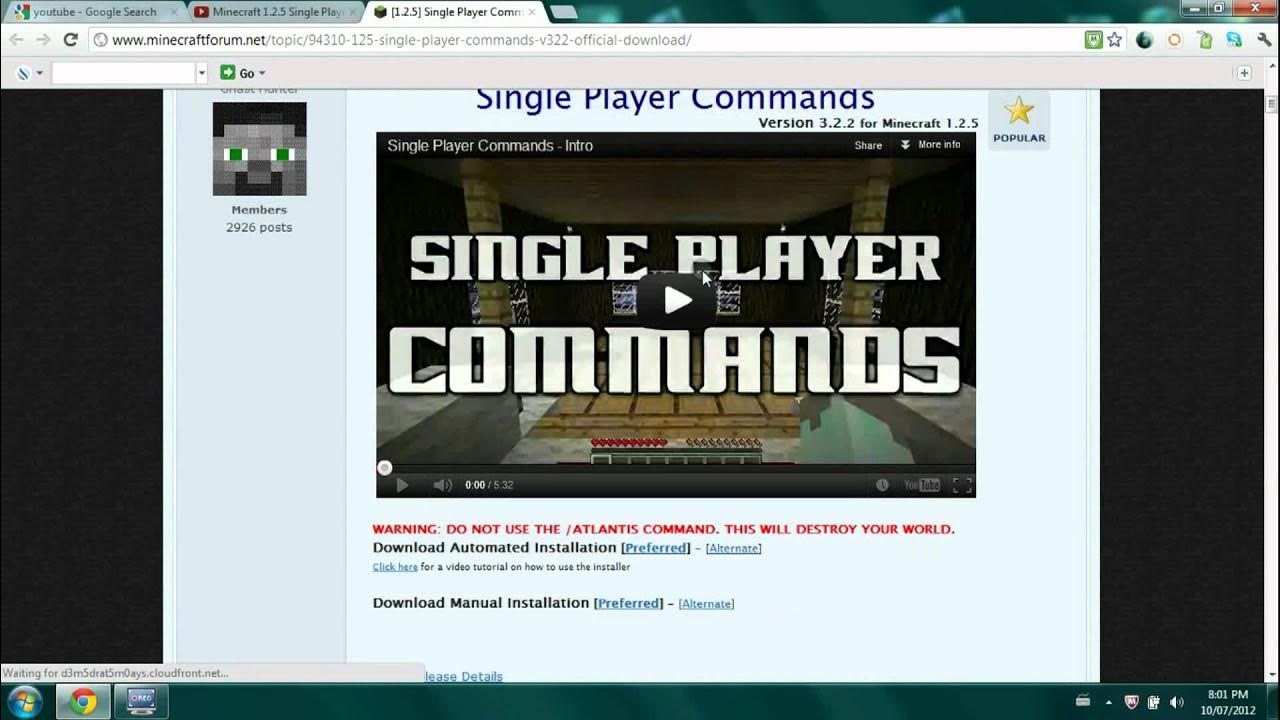 How to Install Single Player Commands 1.2.5 - YouTube