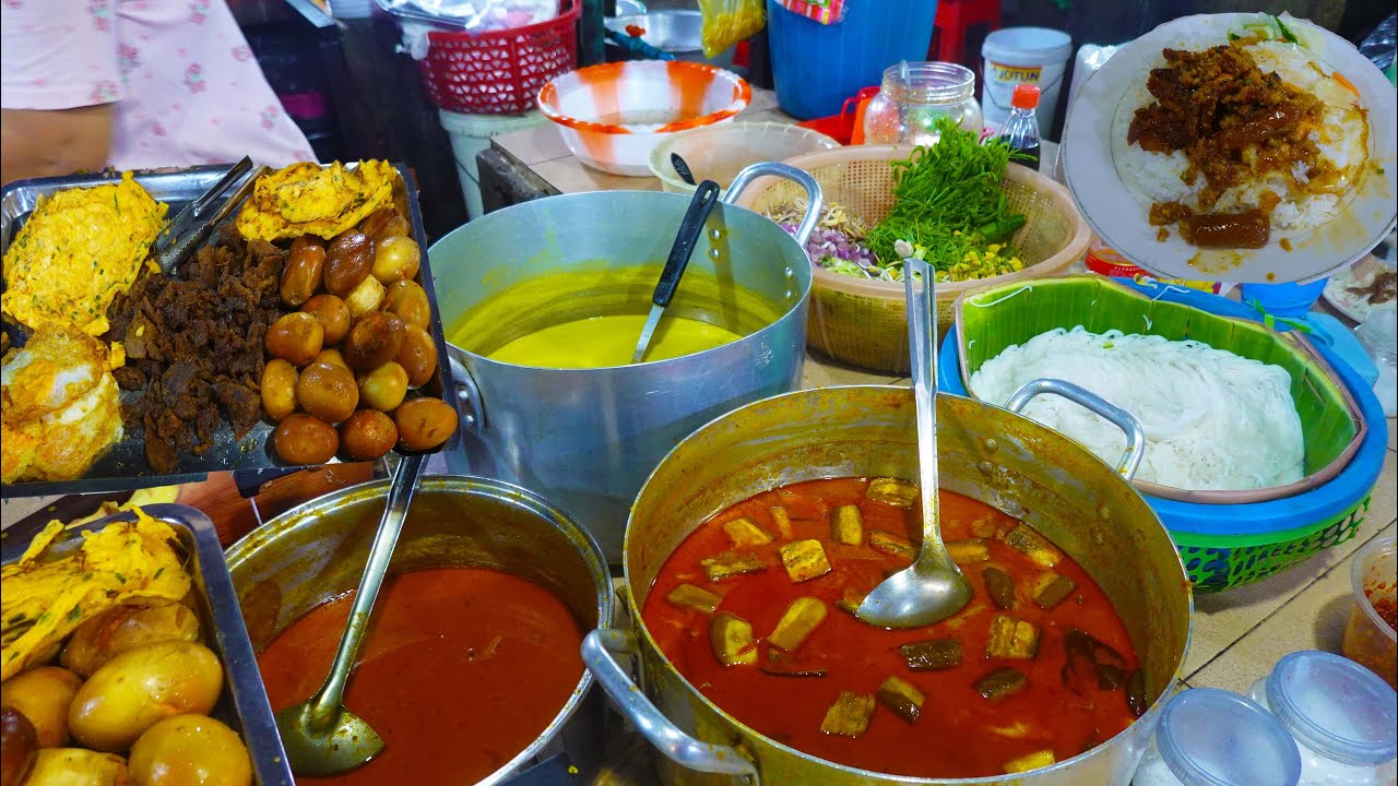Num Banhjok And Pork Rice - Cambodian Popular Breakfast - Boueng Tompon ...