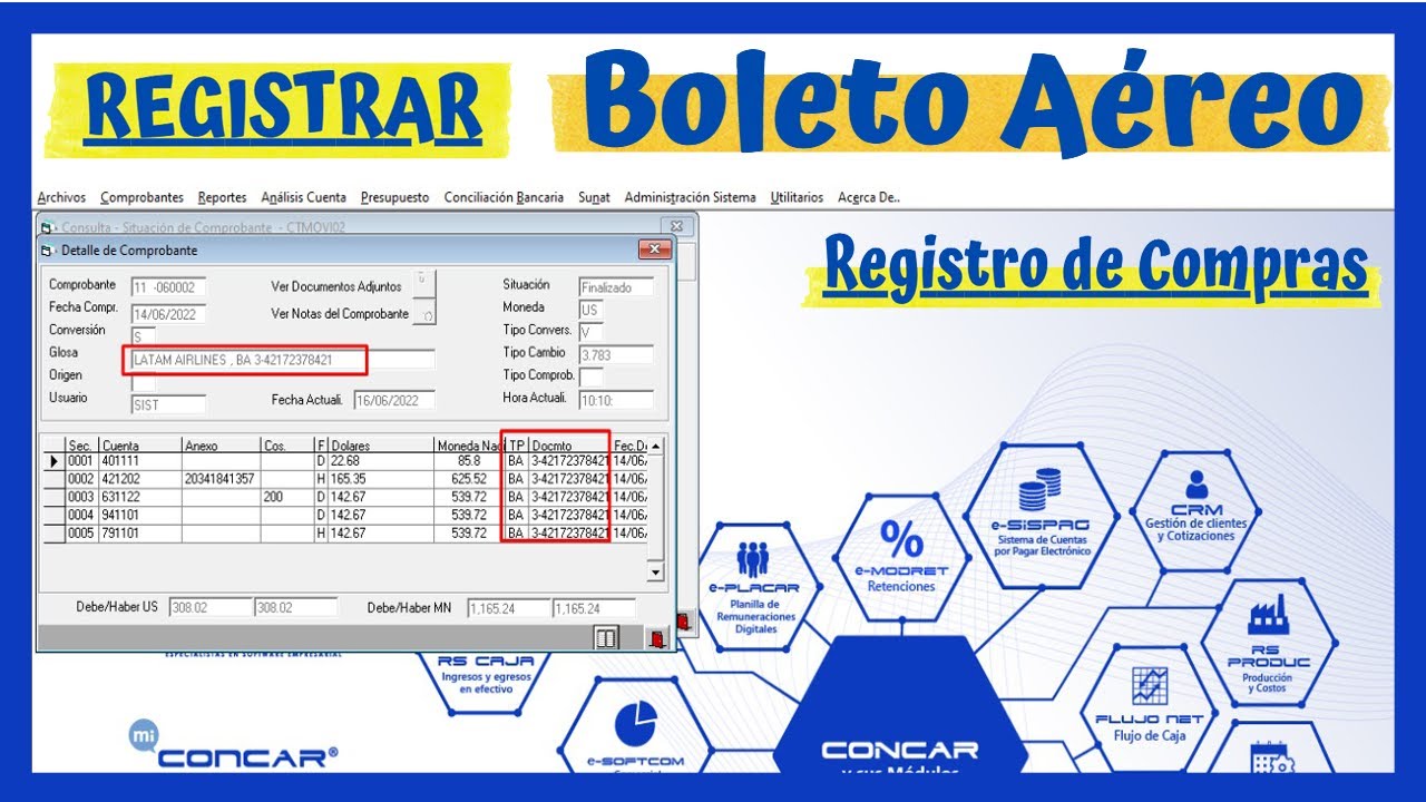 Registro Contable de boleto o pasaje aéreo en el Concar - YouTube