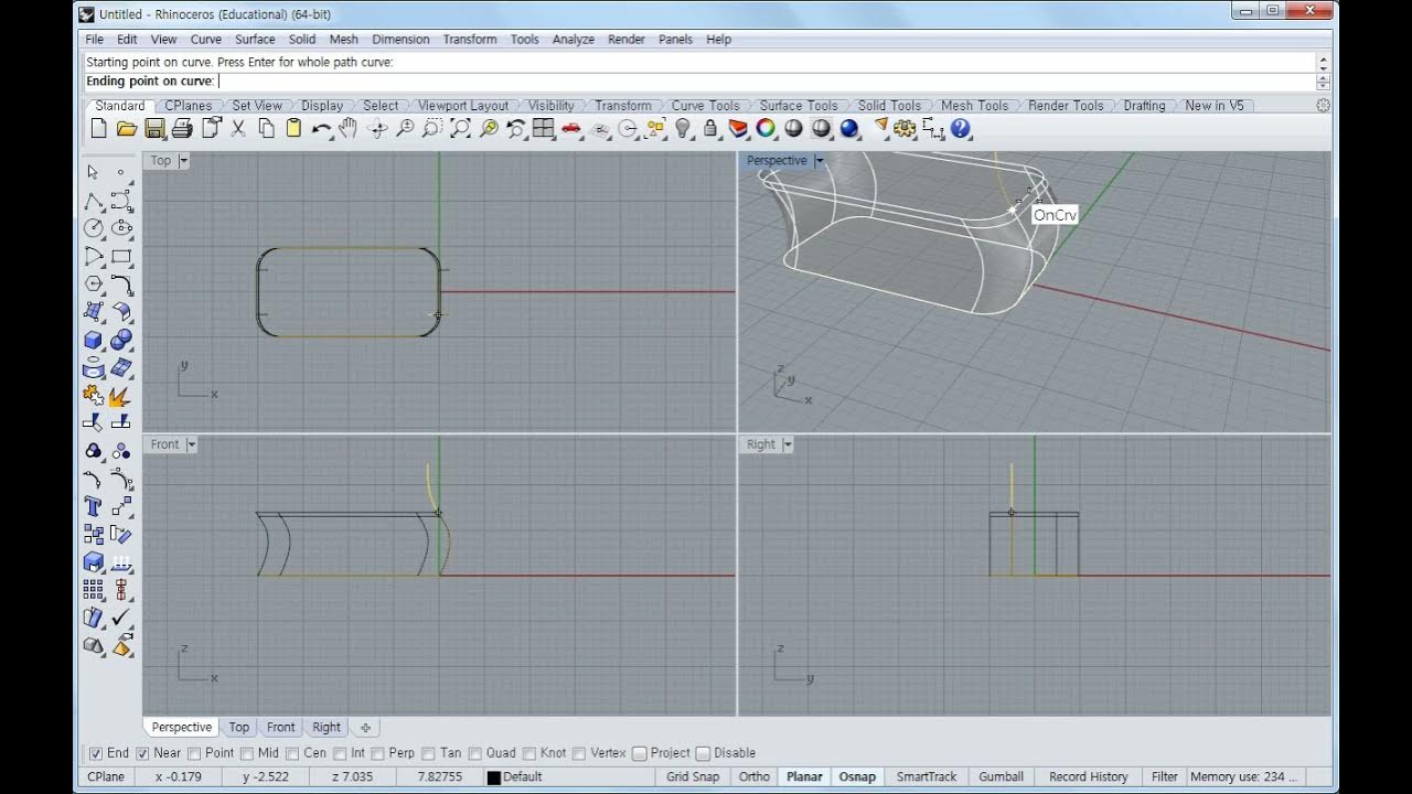 Rhino 3D 강좌 - 86. Extrude Curve - Straight, Along Curve, To Point ...