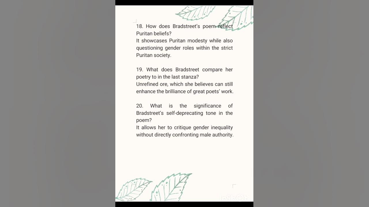 Anne Bradstreet:“Prologue”Poem Short Question Answer And Summary - Unit ...