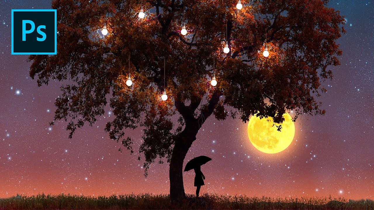 Photoshop Fantasy Tree Bulb Light Effect Manipulation Tutorial - YouTube