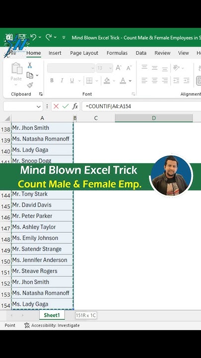 Excel Formula to Count Male & Female Employees | Excel Interview Question Solved #exceltips # ...