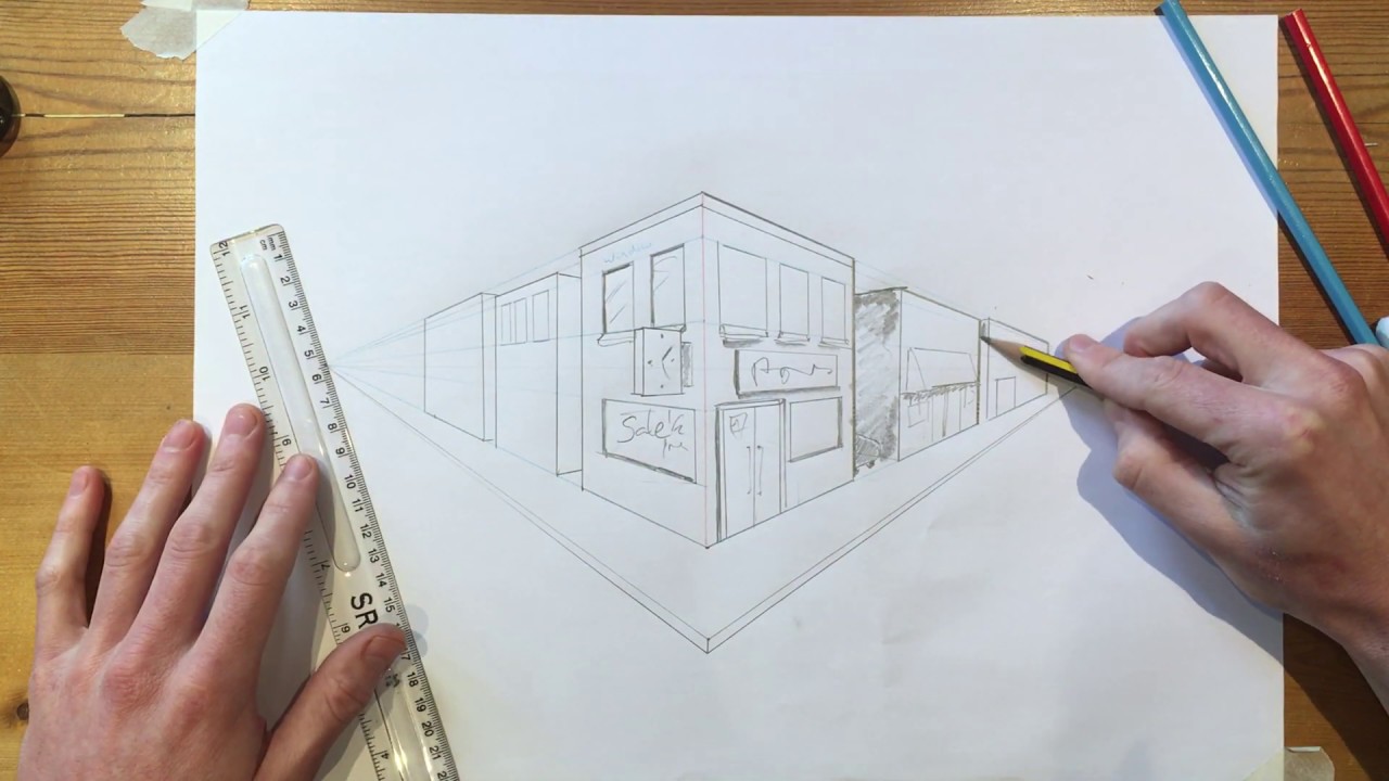 2-Point Perspective Street scene KS3-4, Adding the doors, windows and ...