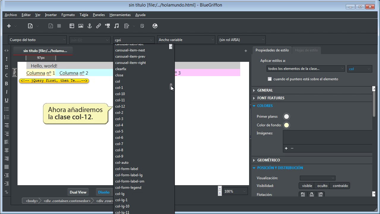 02.1 Tutorial de Bootstrap 4 con Bluegriffon. Columnas de tamaño fijo ...