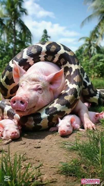 Smart mother pig frees herself from python - YouTube