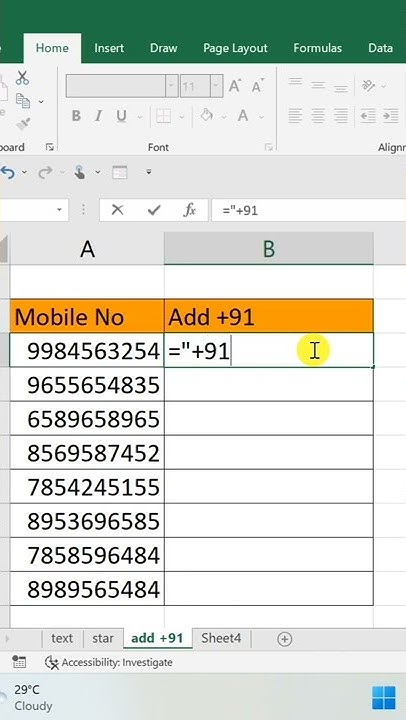 Add 91 Before Number In Excel Youtube 
