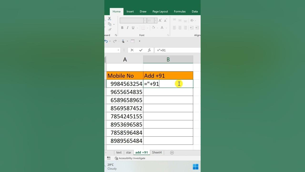 Add 91 Before Number In Excel Youtube