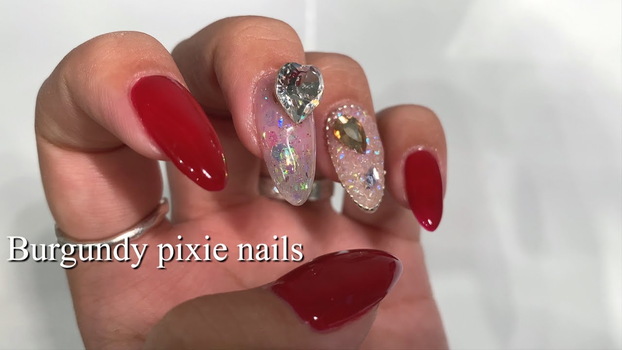 [셀프네일] Burgundy pixie nails 💎 / 픽시네일 / 글리터 / 네일아트 / selfnails - YouTube