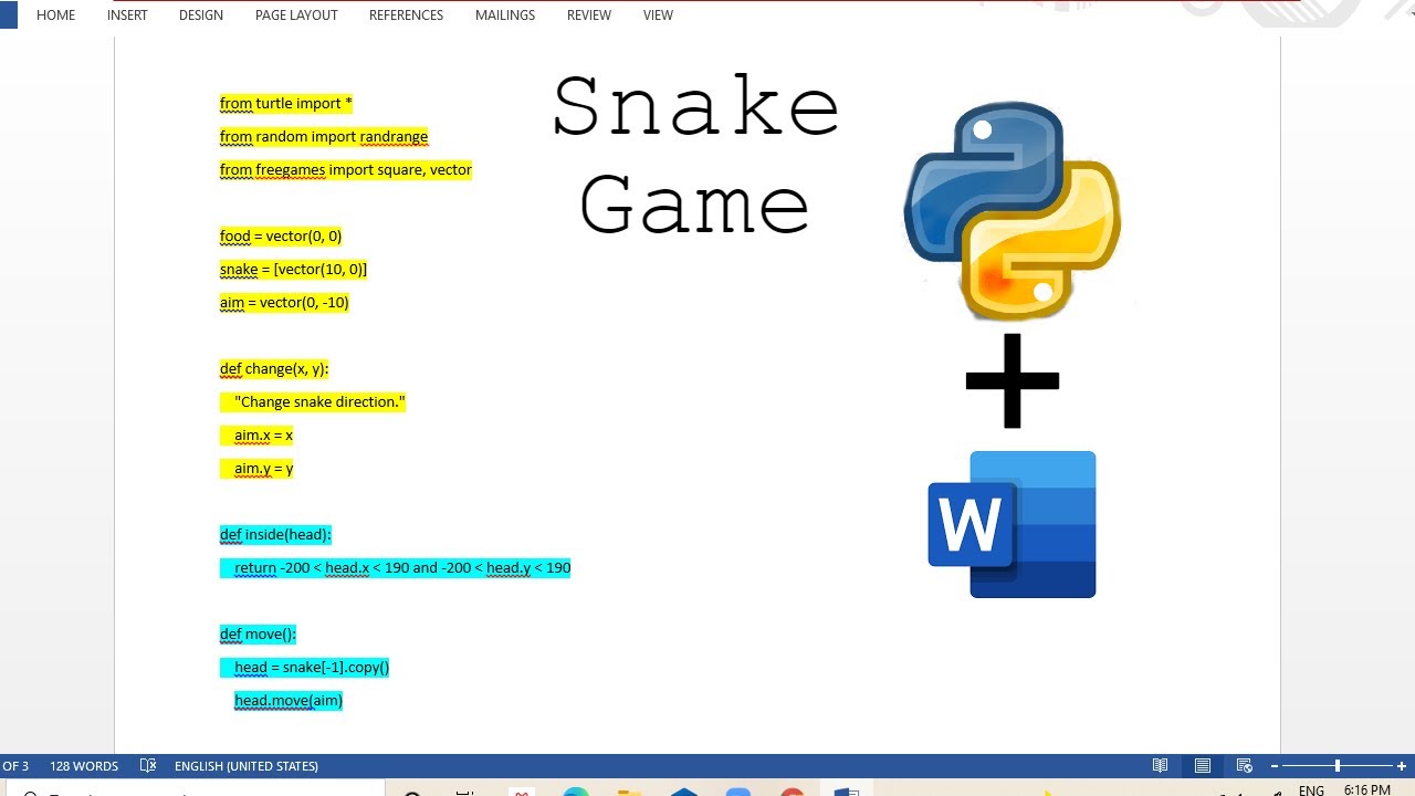 Making a snake game using Python in MS Word - coding || PV Bros - YouTube
