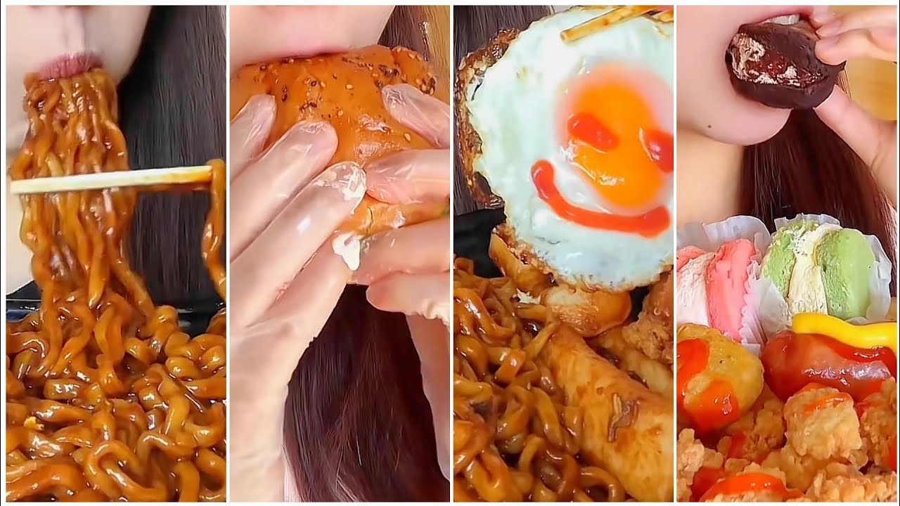 Mukbang satisfying lips | Spicy noodles, custard cake || eating ...
