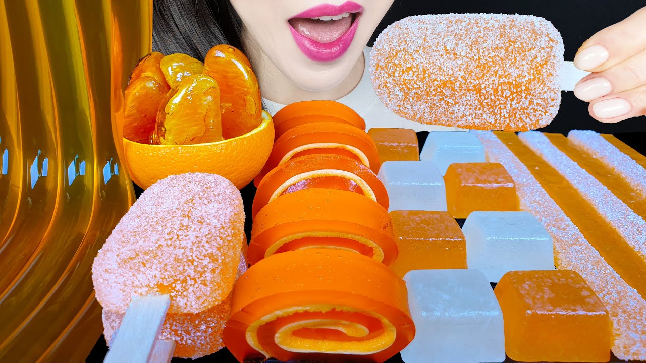 ASMR ORANGE FOODS ORANGE CANDIED KOHAKUTO JELLY JELLO 주황색 음식 오렌지 탕후루 ...