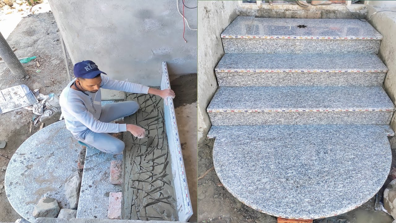 White Granite Install Stair How to install granite marble staire - YouTube